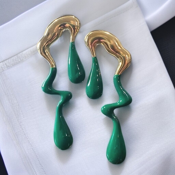 Jewelry | New Oversized Gold Emerald Green Enamel Water Drip Earrings ...